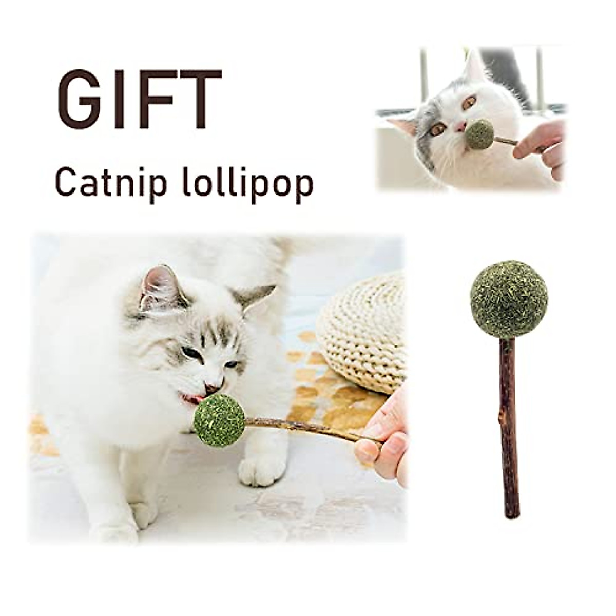 ROZZWILD Cat Teaser 3 PCS Interactive Cat Toys Set Mouse Hamster Balloon 16 inch (40 cm) Sturdy Natural Wood Rod Organic Hemp Cord Feather Elastic Rope Small Bell Catnip Lollipop