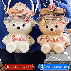 Xigugo Kawaii Bear Straw Bottle,Cute Water Bottles with Adjustable & Removable Shoulder Strap, Large capacity Straw Bottle for Outdoor and School Activities (brown 32oz)