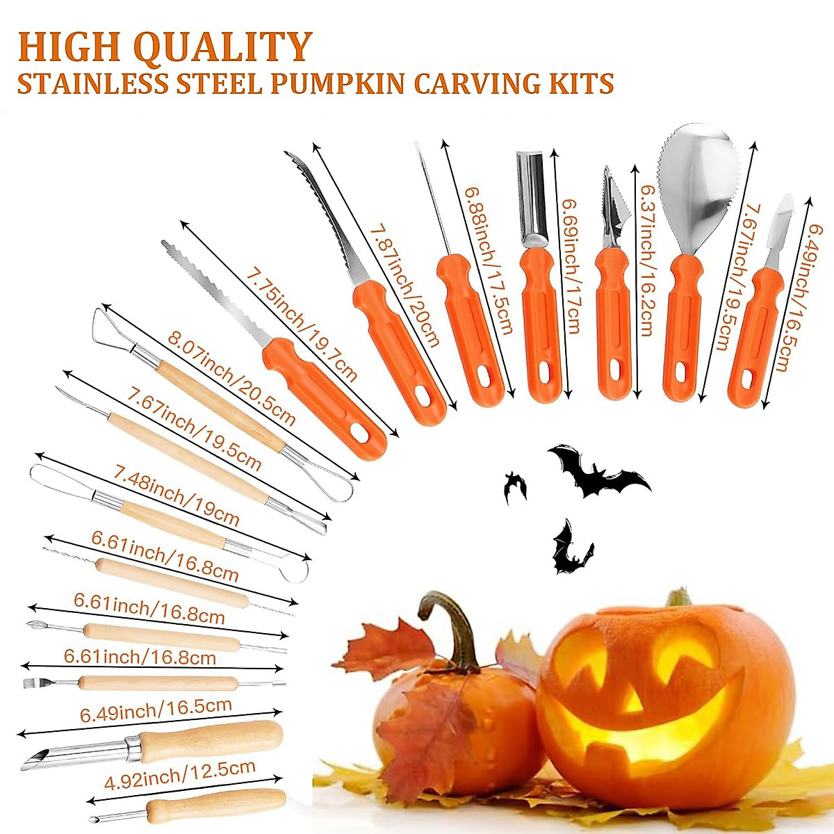 Haromala Halloween Pumpkin Carving Kit, Professional Stainless Steel Pumpkin Carving Tools Kit with Storage bag and luminous Tattoos, Carve Sculpt Jack-O-Lanterns for Decorations DIY