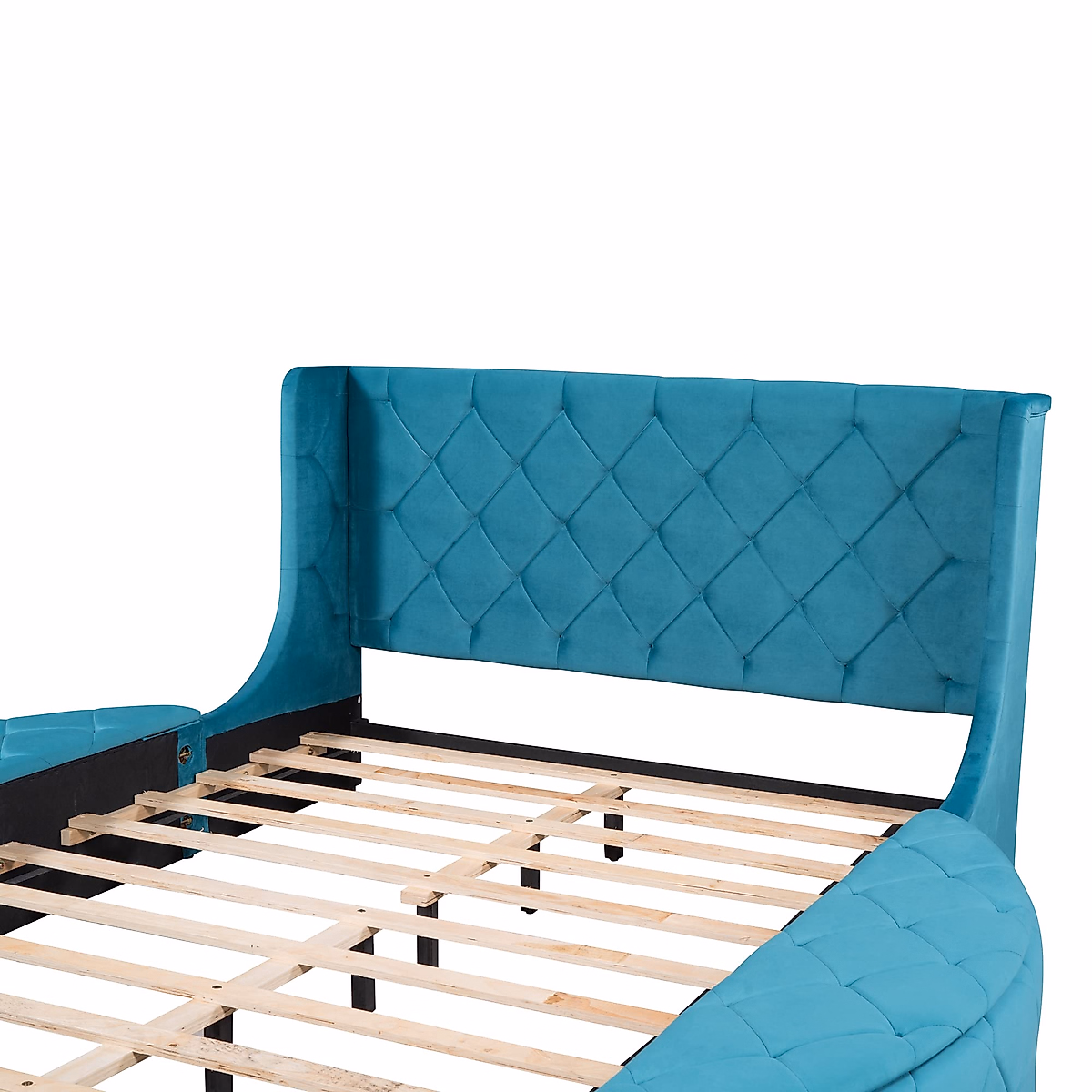 LCH Upholstered Bed,Queen Size Upholstered Platform Bed with Additional Storage Space,Velvet Bed with Wingback Headboard and 1 Big Drawer,2 Side Storage Stool for Bedroom and Guest Room,Blue
