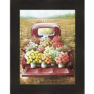 Flowers for Sale by Dee Dee 16x20 Classic Vintage Old Red Truck Flower Pots Garden Farm Framed Art Print Wall Décor Picture (2" Solid Wood Espresso)