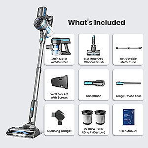 WnkimTech Cordless Vacuum Cleaner, 25Kpa Powerful Stick Vacuum for Hardwood Floor, 45 Min Rechargeable Battery, 6 in 1 Lightweight Upright Vacuum with LED Display for Pet Hair Carpet