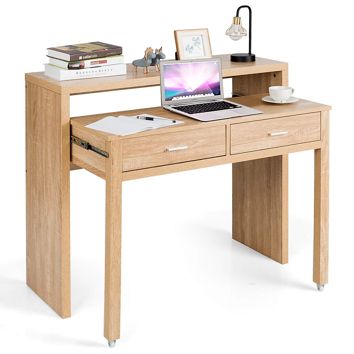 Tangkula Extendable Computer Desk with 2 Drawers, Small Writing Desk with Pull Out Secondary Desk, Console Table, Wood Study Workstation, Laptop Desk for Small Space Home & Office (Natural)