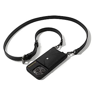 Bandolier Hailey Crossbody Wallet Phone Case for iPhone 15 Pro Max. 100% Genuine Pebble Leather with Pewter Hardware. Adjustable & Removable Strap. Expandable Flip Card Holder. Black with Pewter