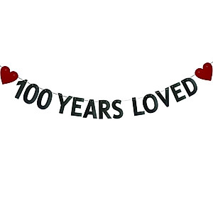100 YEARS LOVED Banner，Pre-strung，100th Birthday / Wedding Anniversary Party Decorations Supplies，Black Glitter Paper Garlands Backdrops, Letters Black Betteryanzi