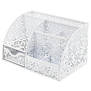 EasyPAG Desk Organizer Caddy with 6 Compartments and 1 Sliding Drawer Desktop Accessories Office Supplies Holder for Home School Classroom,White