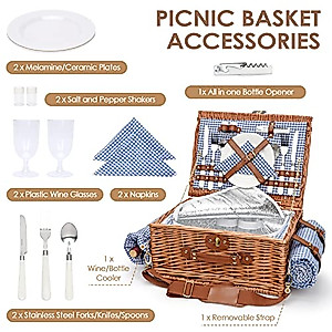 Picnic Baskets for 2, Picnic Basket with Waterproof Blanket, Picnic Basket Set with Washable Beach Mat & Large Insulated Cooler Compartment, Handmade Natural Wicker Hamper for Camping, Outdoor Party