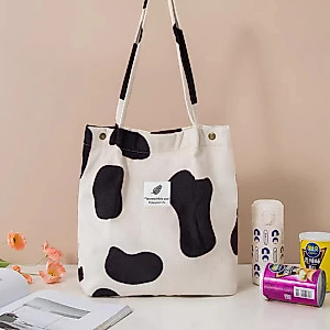 Trendlooks Large Corduroy Tote Bag Lightweight Reusable Canvas Purse for Women Girls Enjoy Your Life Label (XL,COW PRINT)