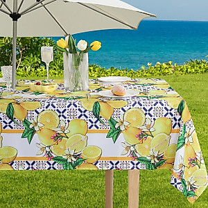 SASTYBALE Outdoor Tablecloth with Umbrella Hole, Stain Resistant Summer Lemon Table Cloth Geometric Vintage Pattern, Washable Patio Table Cover for Party Picnic Dinner Decor (Rectangle, 60" x 84")