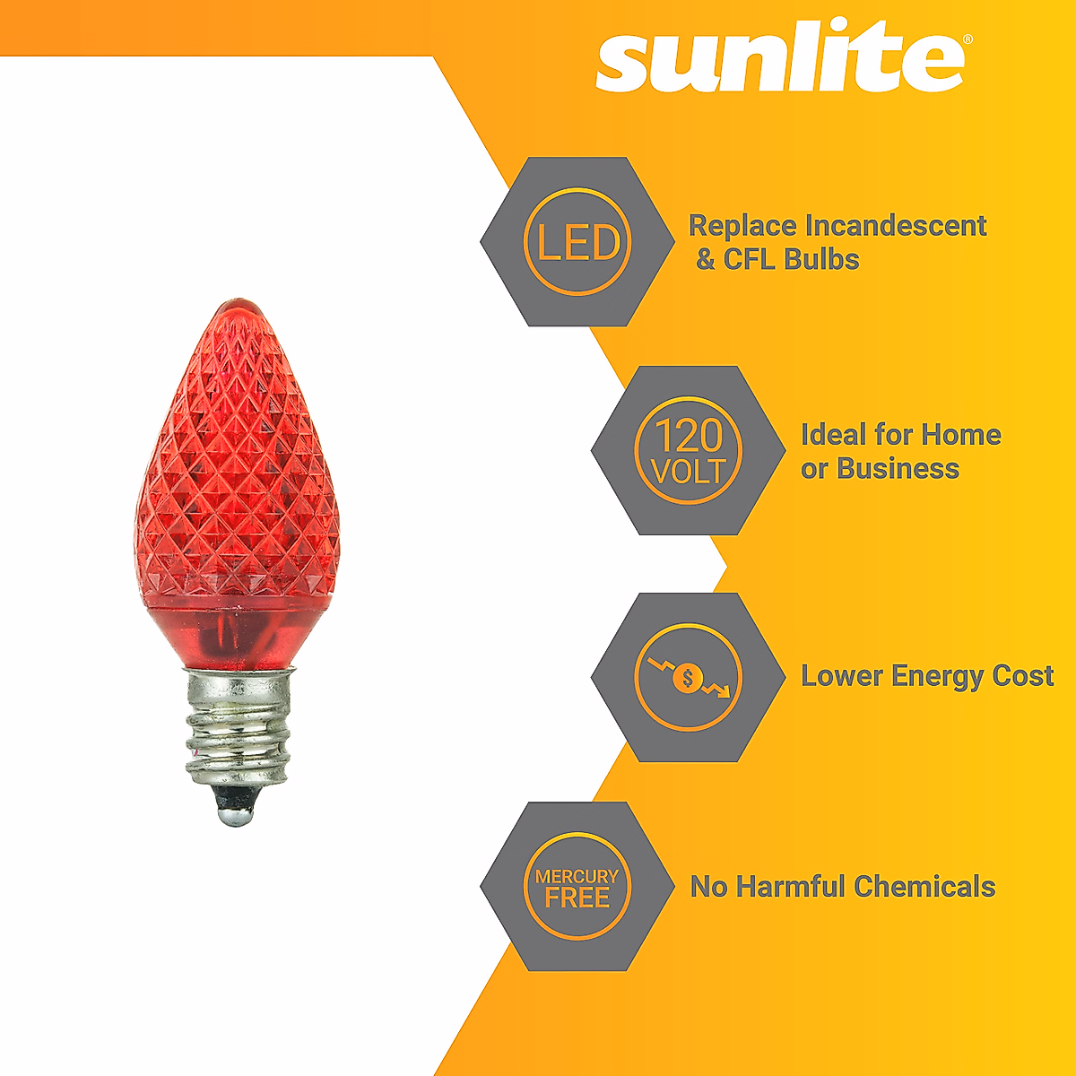 Sunlite 80702 LED C7 Holiday Decorative Light Bulb, 0.4 Watts, E12 Candelabra Base, Faceted Christmas-Lights; Nightlight, Red 6 Count