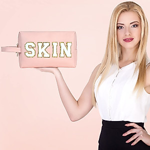 BYXEPA Makeup Bag Preppy Cosmetic Bag with Net Pocket SKIN Letter Patch Bags Waterproof Compliant Bag Case for Gift Daily Travel Use Accessories