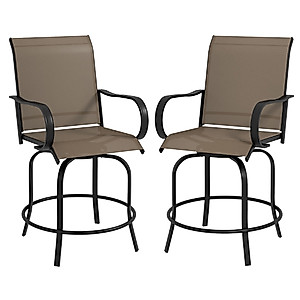 Outsunny Outdoor Bar Stools with Armrests, Set of 2 360° Swivel Bar Height Patio Chairs with High-Density Mesh Fabric, Steel Frame Dining Chairs for Balcony, Poolside, Backyard, Brown