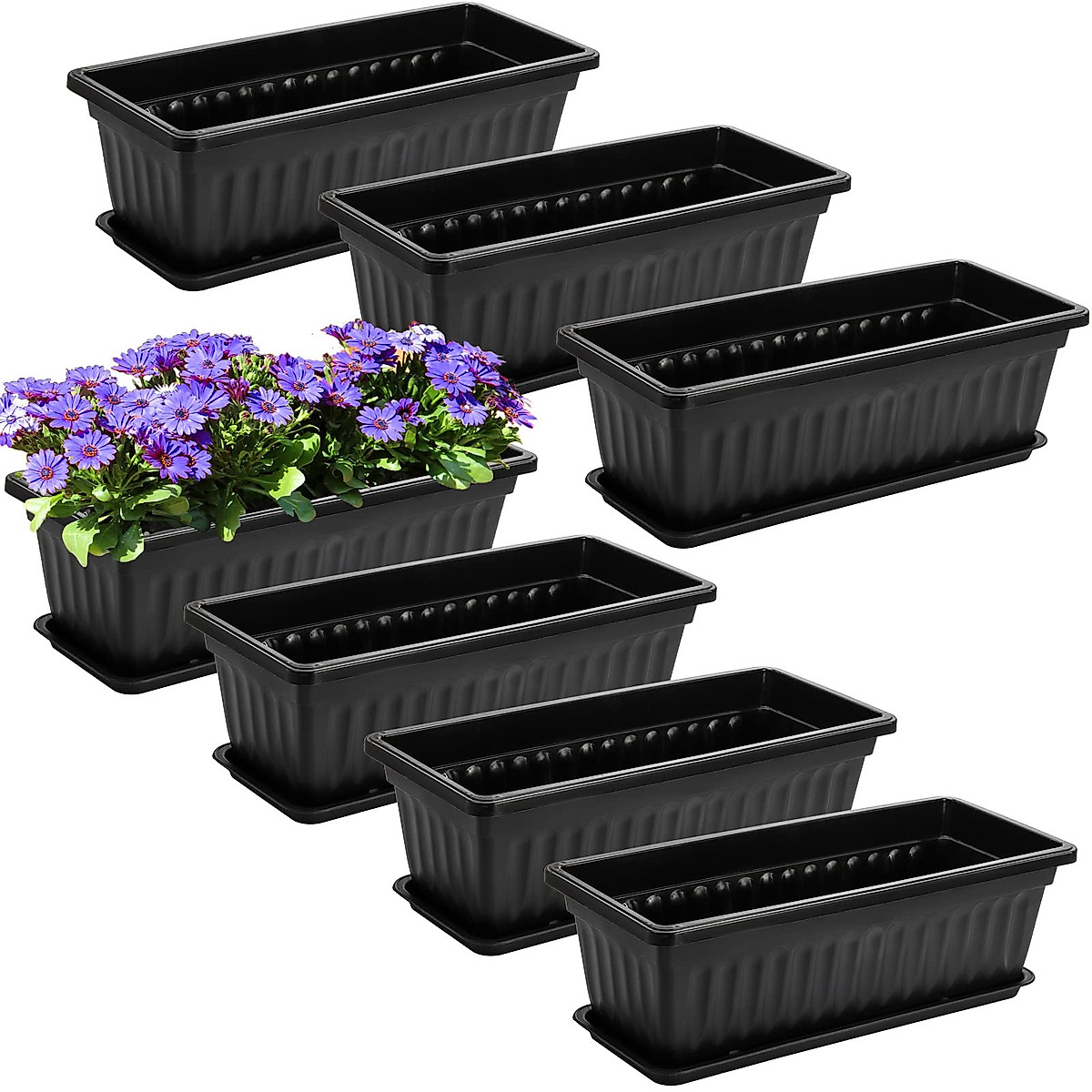 Fasmov 7 Pack 17 Inches Flower Window Box Plastic Vegetable Planters with Trays Vegetables Growing Container Garden Flower Plant Pot with 7 Pcs Plant Labels for Balcony, Patio, Garden, Black