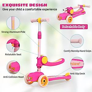 INFANS 3 Wheel Scooter for Kids, 2 in 1 Learn to Steer Kick Scooters with Removable Seat, LED Flashing Wheels, Adjustable Height, Wide Deck, Outdoor Activities Toy Gift for Girls Boys Ages 3-8 (Pink)