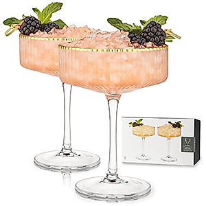 Viski Meridian Vintage Coupe Glasses, Art Deco Champagne Coupe Glassware, Gold Rimmed Stemmed Drinkware Set of 2, 11.5 oz