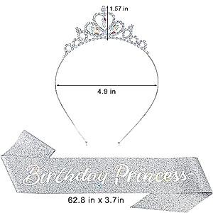 KICOSY Silver Birthday Crowns for Women Birthday Princess Sash & Crystal Tiara Set Princess Tiara for Girls Princess Crown Birthday Tiara Girls Crystal Headband Glitter Sash Kit for Birthday Party
