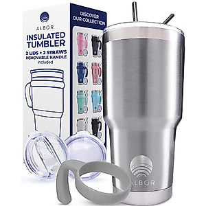 ALBOR Insulated Tumbler with Lid and Straw 30 oz Insulated Coffee Mug with Handle Coffee Mug Triple Insulated Technology with 2 Lids, 2 Metal Straw, Brush and Storage Bag, Stainless Steel