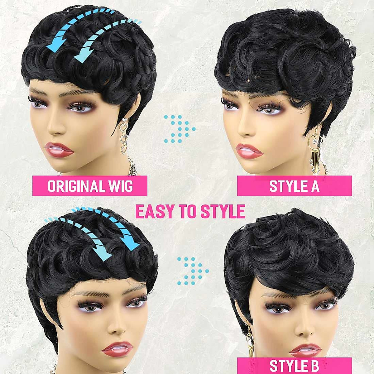 Flandi Short Pixie Cut Wigs for Black Women Natual Black Curly Pixie Wigs with Bangs Short Wigs Human Hair Wigs Short Curly Layered Pixie Wig for Women (Short Pixie Wavy 1B#)