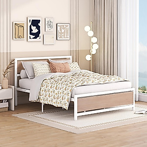 FANYHOME Queen Size Platform Bed, Metal and Wood Bed Frame with Headboard and Footboard, White