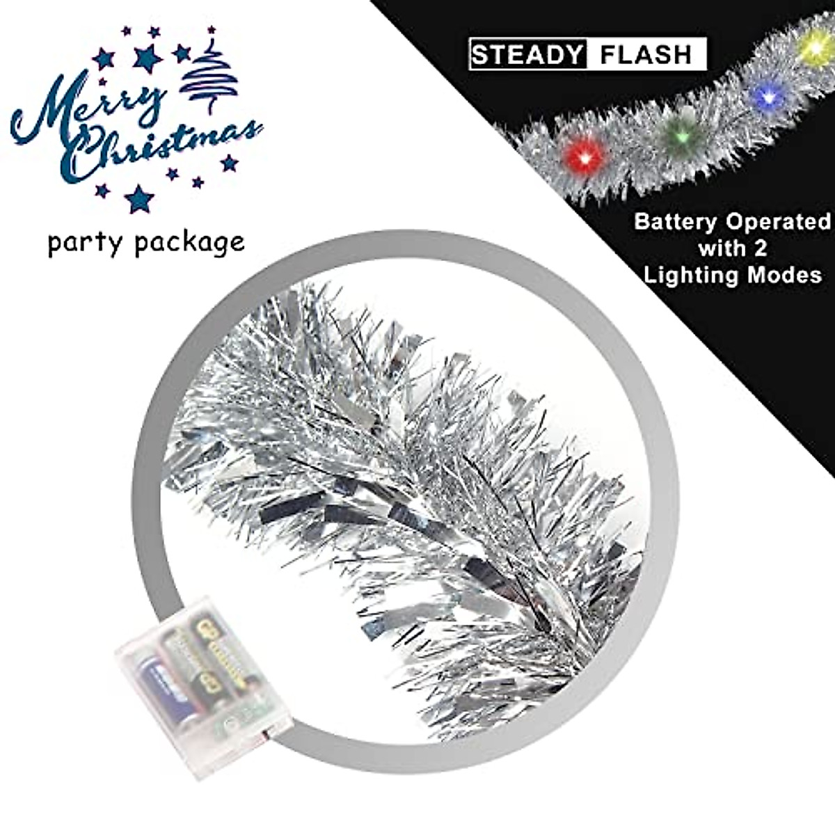 KIMOBER 32.8 Ft Christmas Prelit Tinsel Garland, Silver Metallic Garland with 100 LED Lights for Christmas Tree Decoration,Wedding Party Supplies