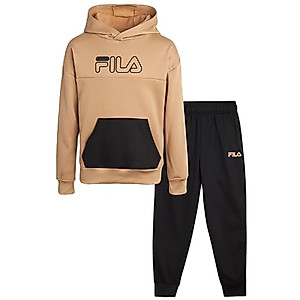 Fila Boys' Sweatsuit Set - 2 Piece Active Hoodie Sweatshirt and Jogger Sweatpants - Performance Activewear Set for Boys, 8-12, Size 12, Tan