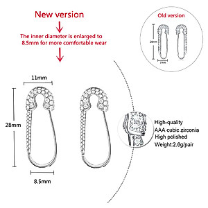 CZ Safety Pin Cartilage Sterling Silver Hoop Earrings for Women Girls Dainty Cubic Zirconia Dangle Drop Hypoallergenic Stud Post Pave Crystal Huggie Fashion Hoops Jewelry 20mm