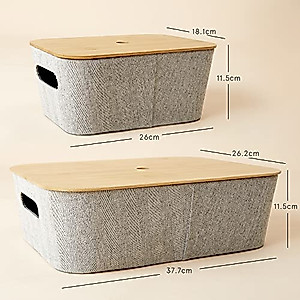 LA JOLIE MUSE Modern Storage Basket with Bamboo Lids, Decorative Stackable Basket Container for Shelves Table Bookcase Office Organizing, Mid-Century Storage Organizer Bins Set of 3, Light Gray