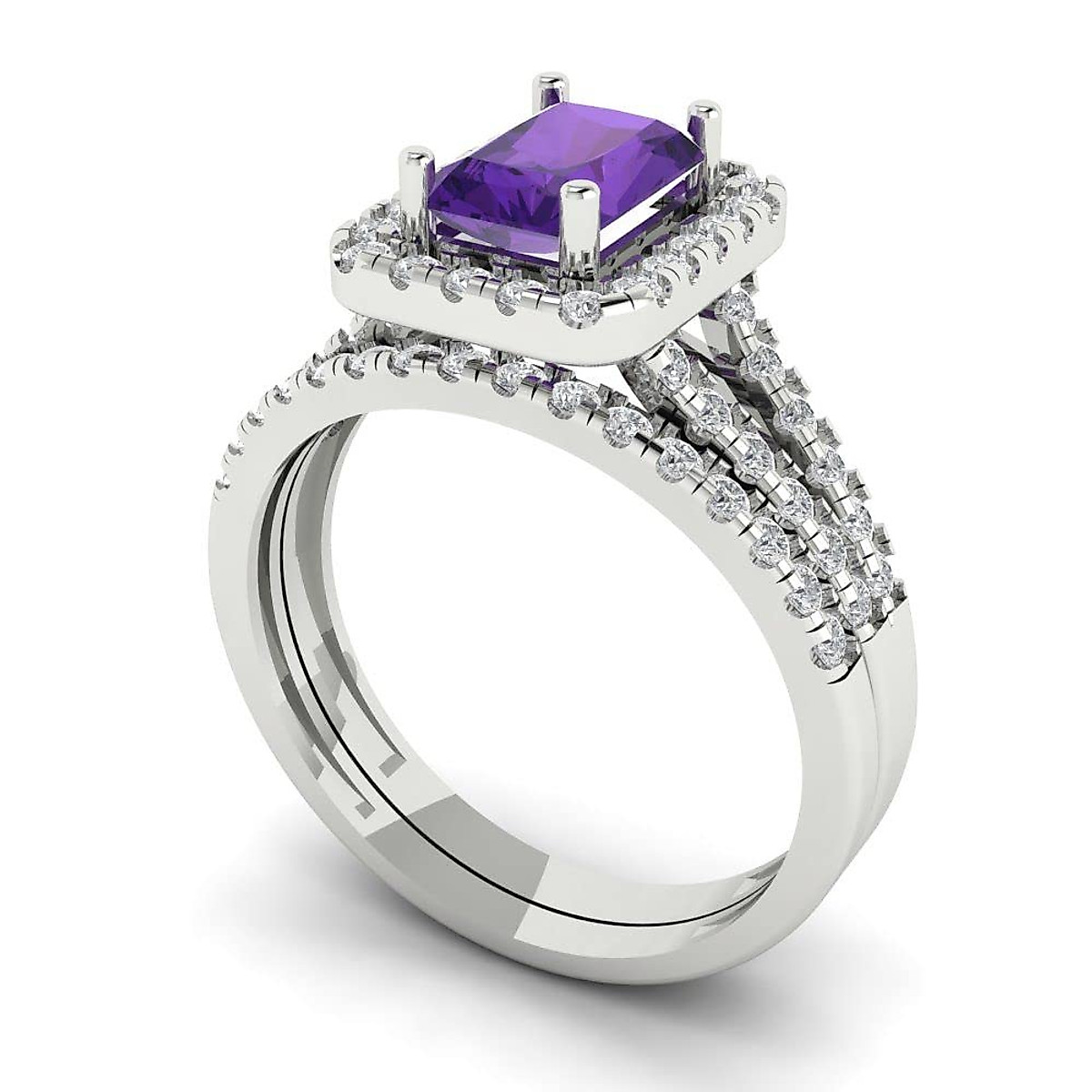 Clara Pucci 1.54 carat Emerald Cut Halo Solitaire Natural Amethyst Engagement Wedding Anniversary Bridal Ring band set 14k White Gold 8.5