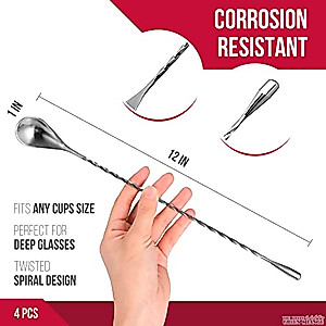 Bar Spoon Cocktail Mixing Spoon - 4Pcs Stainless Steel Long Handle Metal Spoon - 12" Long Stirring Spoon for Bartender, Cocktail Spoon Long Handle