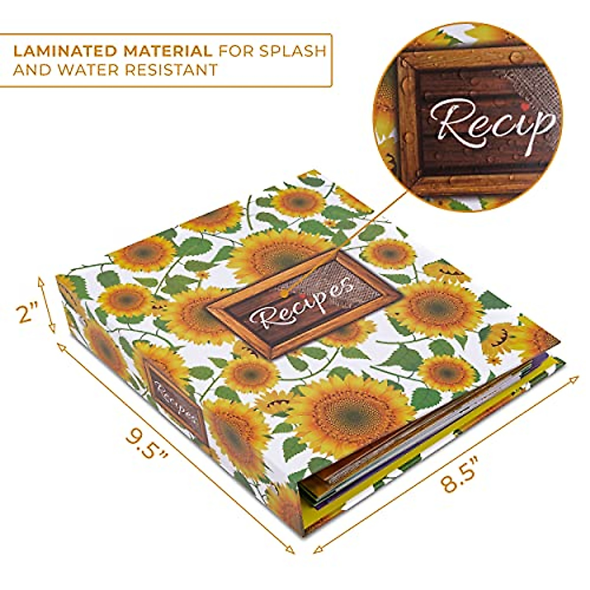KitchenMania Sunflower Recipe Binder Kit, 8.5x9.5 Recipe Ring Binder 3 Ring Organizer Set with 50 Recipe Cards 4x6 Double Sided, 12 Category Dividers Tabs and Page Protectors