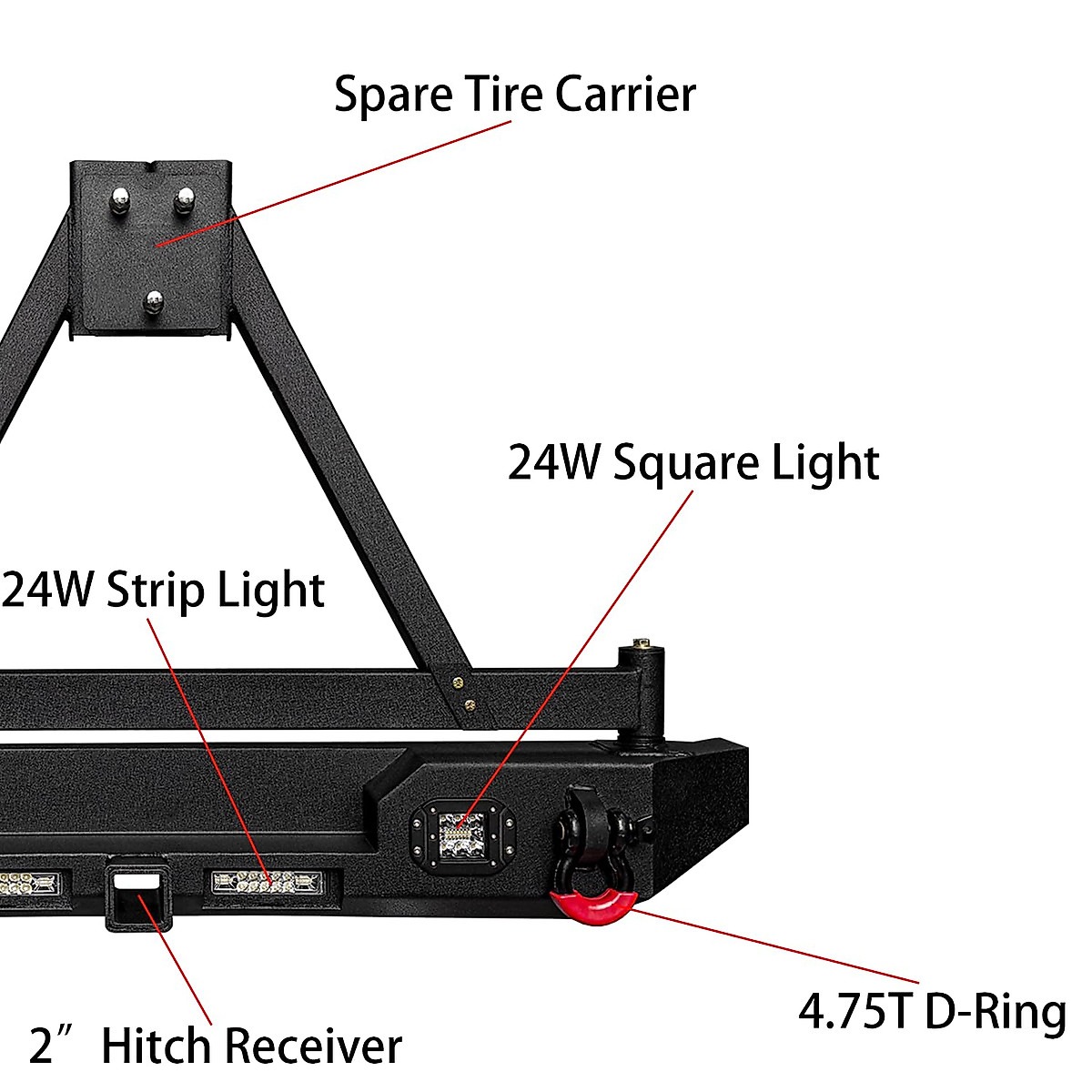 LUYWTE For 1997-2006 Wrangler TJ New Black Texture Steel Rear Bumper With Spare Tire Carrier&Lights&D-Rings
