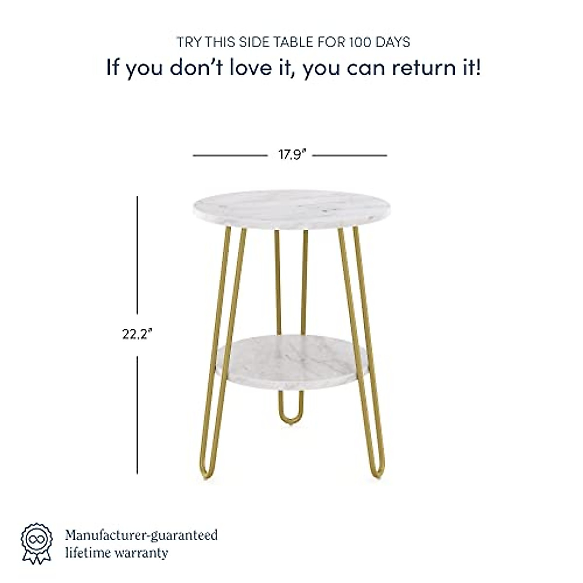 Nathan James Alexis Round Modern Side Accent, End Table with Metal Legs and Faux-Marble Tabletop for Living Bedroom and Nursery Room, 18D x 18W x 22H in, White/Gold