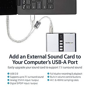 StarTech.com 7.1 USB Sound Card - External Sound Card for Laptop with SPDIF Digital Audio - Sound Card for PC - Silver (ICUSBAUDIO7D)