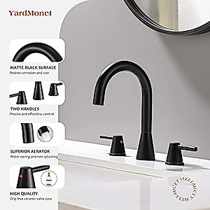 YardMonet Black Bathroom Faucet, Bathroom Faucets for Sink 3 Hole Modern Widespread 8 Inch Faucet for Bathroom Sink with Pop Up Drain 2 Handle 3-Hole Bathroom Sink Faucet Matte Black