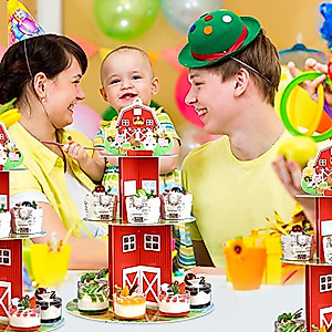 Farm Cupcake Stand 3 Tier Farm Theme Animal Cup Cake Holder Stand Cardboard Farmhouse Dessert Tower Round Barnyard Pastry Serving Platter for Farm Party Supplies Birthday Baby Shower Party Decorations