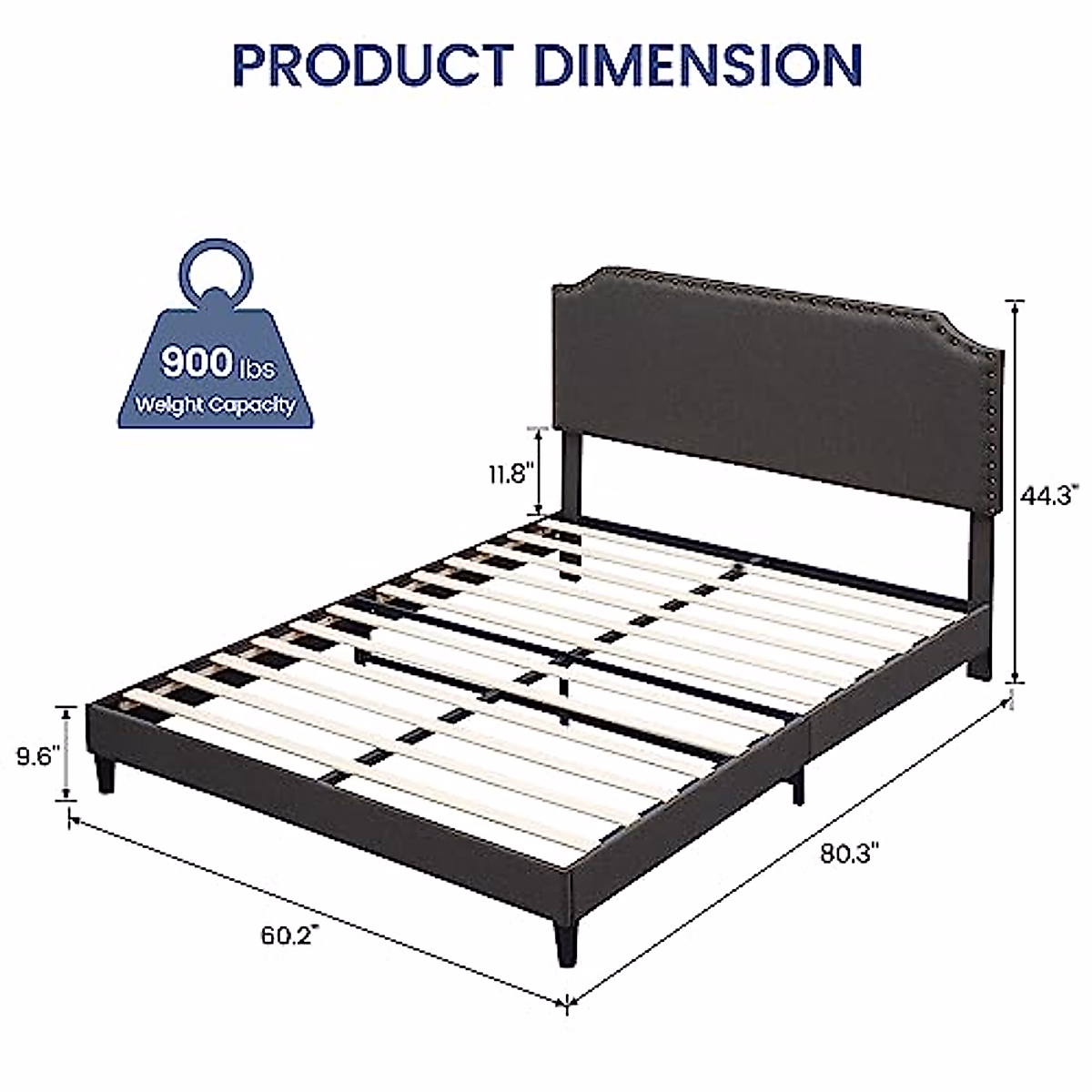 GAOMON Queen Bed Frame with Headboard Adjustable Upholstered Bed Frame Queen Size with Nailhead Trim Headboard, Mattress Foundation, Strong Wood Slat Support, No Box Spring Needed, Dark Grey