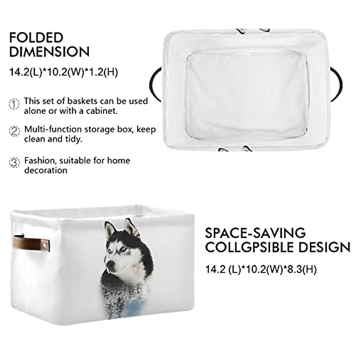 Gougeta Foldable Storage Basket with Handle, Cute Siberian Husky Dog Rectangular Canvas Organizer Bins for Home Office Closet Clothes Toys 1 Pack