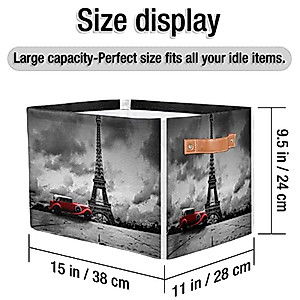 Large Collapsible Storage Bins ,Paris Eiffel Tower Car Decorative Canvas Fabric Storage Boxes Organizer with Handles，Rectangular Baskets Bin for Home Shelves Closet Nursery Gifts