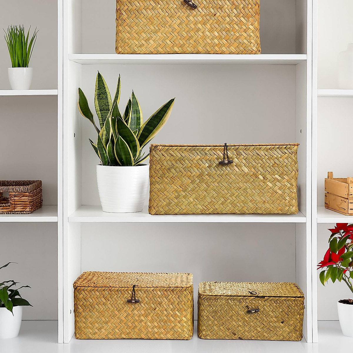 Kigley 6 Pcs Seagrass Baskets with Lids Wicker Storage Basket Organizer Baskets Handwoven Large Rectangular Basket Boxes Summer Woven Baskets for Shelf Closet, 6 Sizes(Yellow, Classic Style)