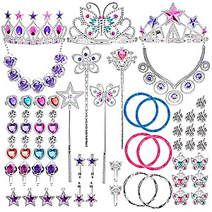 Liberty Imports 50 PCS Princess Jewelry Dress Up Accessories, Pretend Play Set Jewelry Party Favors for Girls Cosplay Party Favors with Crown Wand Ring Earring Necklace