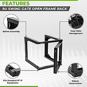 NavePoint 9U Server Rack with Swing Gate - 9U Wall Mount Rack for 19 Inch IT Equipment Open Frame Rack – Network Rack Wall Mount for AV & Server Equipment 24” Deep 9U Rack, Black