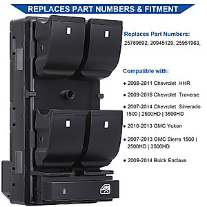 Obaee Driver Side Power Master Window Switch, Compatible with Chevy Silverado/Chevrolet Traverse/HHR/2007-2013 GMC Sierra/Yukon/Buick Enclave Replace OE 20945129 25789692