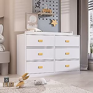 DiDuGo Nursery Dresser Changing Table Dresser with 6 Drawers, Gold Metal Handles, for Nursery Room White (45.1" W x 18.9" D x 32.9" H)