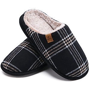 COFACE Mens Black Flano Plaid Cozy Memory Foam scuff Slippers Slip On Warm House Shoes Indoor/Outdoor With Best Arch Support Size 9