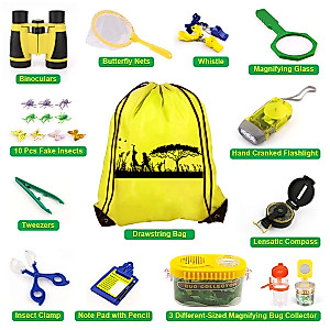 kaqinu Kids Explorer Kit, 24 PCS Outdoor Adventure Camping Kit & Bug Catcher Kit with Drawstring Bag, Binoculars, Compass, Butterfly Net, Educational Nature Exploration Toys Gift for Boys & Girls