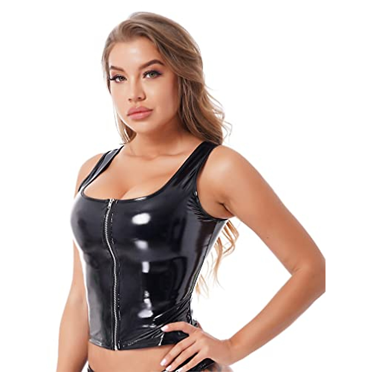 FEESHOW Sexy Women PVC Shiny Zipper Open Short Tank Tops Latex Moto & Biker Punk Short Tops Black Large