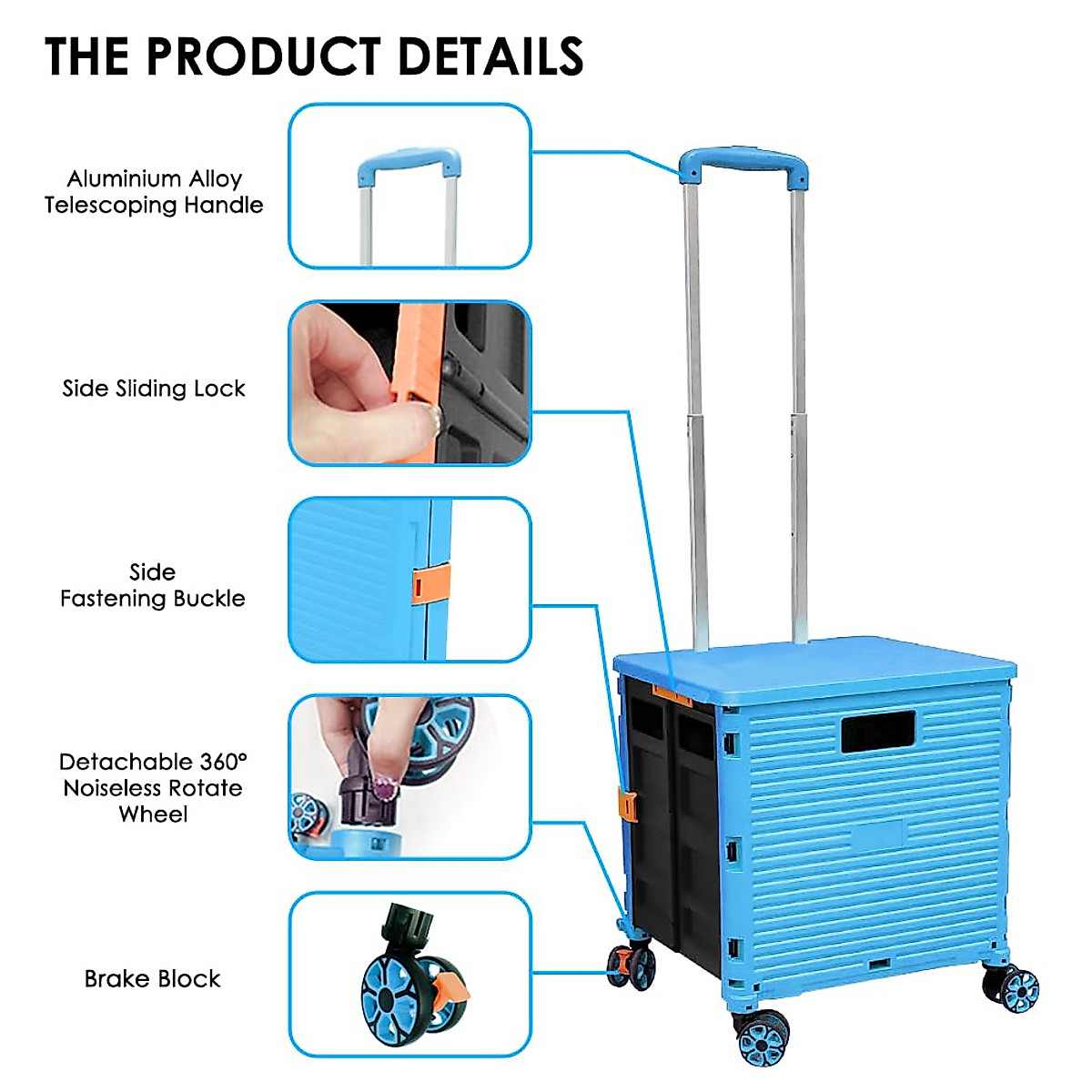 SELORSS Foldable Utility Cart Portable Collapsible Crate Rolling Carts with Wheels Rolling Tote Basket Teacher Cart with Lid Wear-Resistant 360°Rotate Wheel Noiseless for Shopping Storage Office Use