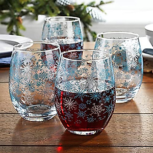Elegant Home Set of Four (4) 20oz Holiday Festive Christmas Gift Stemless Wine Glass For Red Or White Wine- Christmas Winter Blue & White Snowflakes