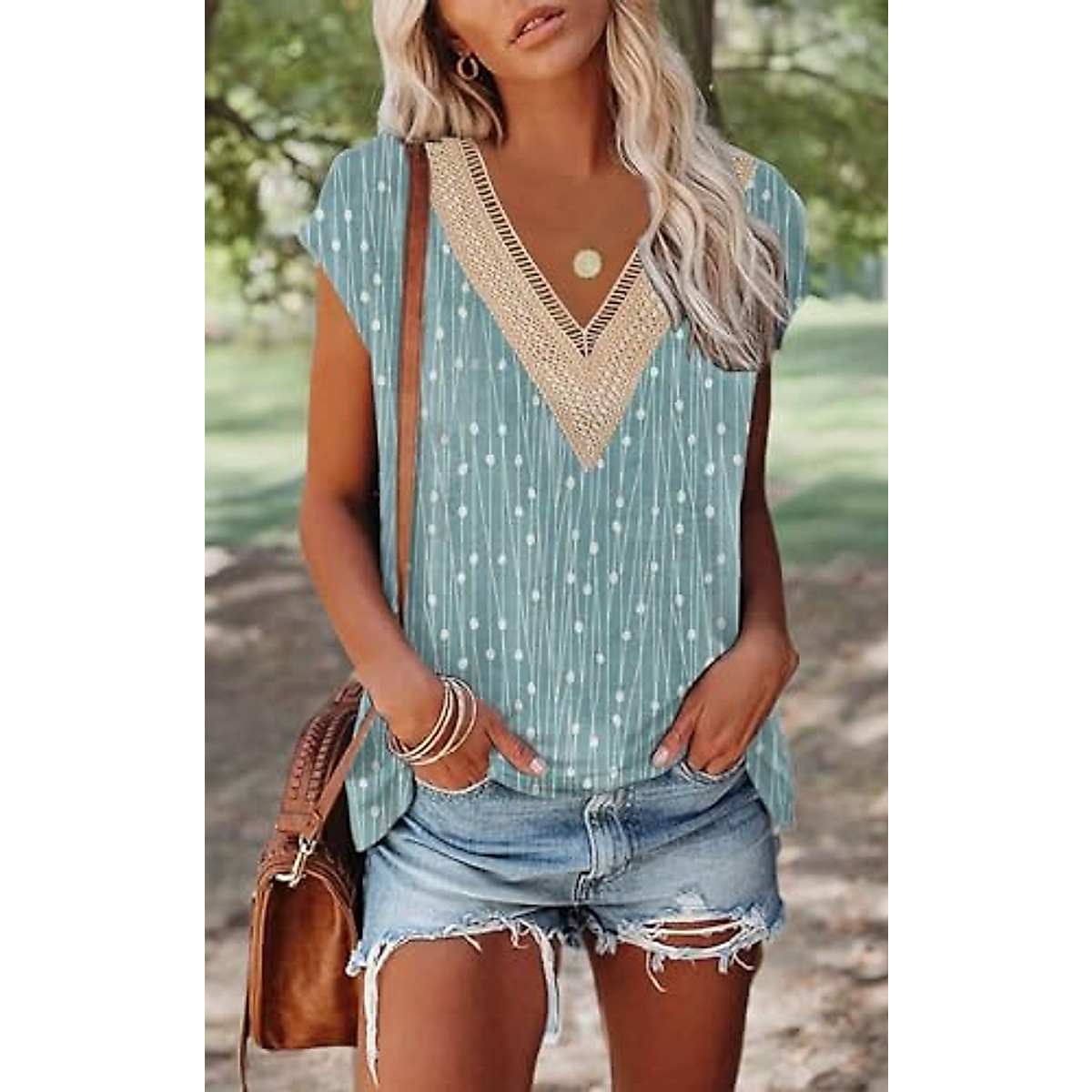 Basic Tops for Women Trendy Cap Sleeve Casual Shirts Floral Print Lace V Neck Loose Fit Blouses
