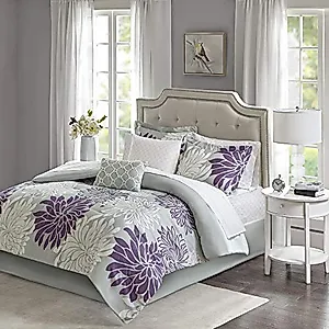 Madison Park Essentials Maible Cozy Bed in A Bag Comforter with Complete Cotton Sheet Set - Floral Medallion Damask Design, All Season Cover, Decorative Pillow, Queen(90"x90"), Floral Purple 9 Piece